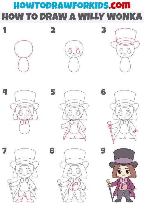 How to Draw Willy Wonka - Easy Drawing Tutorial For Kids